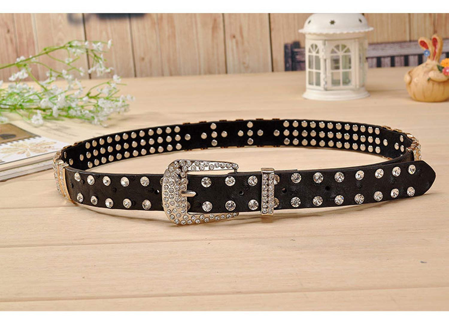 Women's Western Cowgirl Rhinestone Studded Bling Belt, Luxury Designer Jeans Women Belt Length 41 inch Black