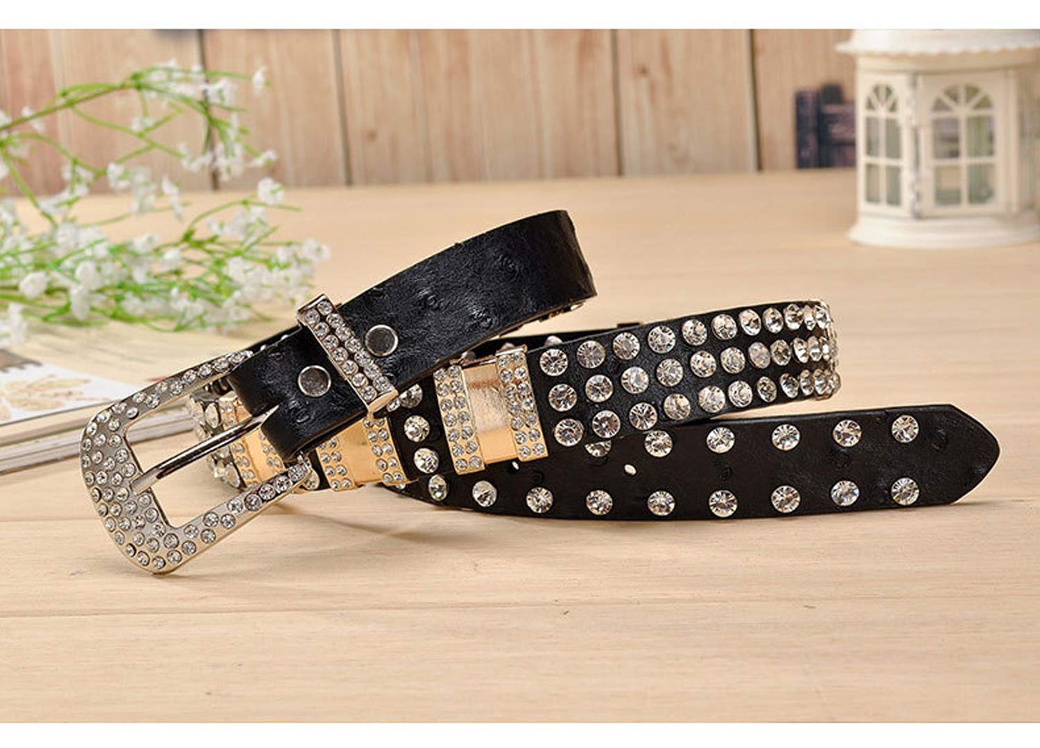 Women's Western Cowgirl Rhinestone Studded Bling Belt, Luxury Designer Jeans Women Belt Length 41 inch Black