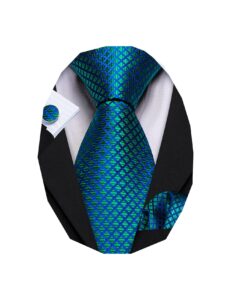 barry.wang mens tie silk tie pocket square cufflinks set woven designer teal