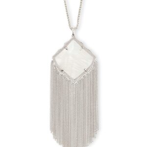 Kendra Scott Kingston Long Pendant Fringe Necklace for Women, Fashion Jewelry, Rhodium-Plated, White Mother of Pearl