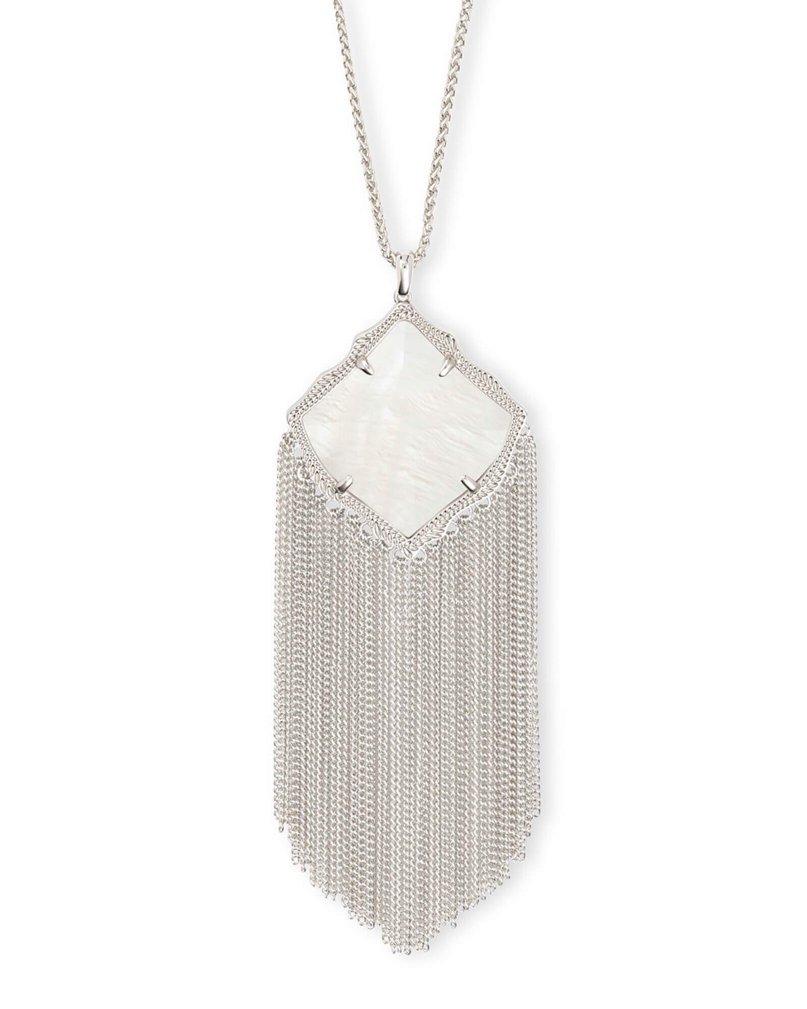 Kendra Scott Kingston Long Pendant Fringe Necklace for Women, Fashion Jewelry, Rhodium-Plated, White Mother of Pearl