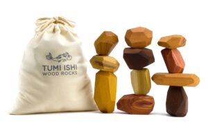 tumi ishi 11 piece wood rock set - mixed wood species - balancing blocks - natural wood toy - organic jojoba oil and beeswax finish - handmade wooden toys - sensory toy - usa made - personalizable