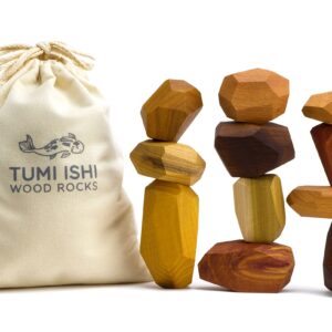 Tumi Ishi 11 Piece Wood Rock Set - Mixed Wood Species - Balancing Blocks - Natural Wood Toy - Organic Jojoba oil and Beeswax Finish - Handmade Wooden Toys - Sensory Toy - USA Made - Personalizable