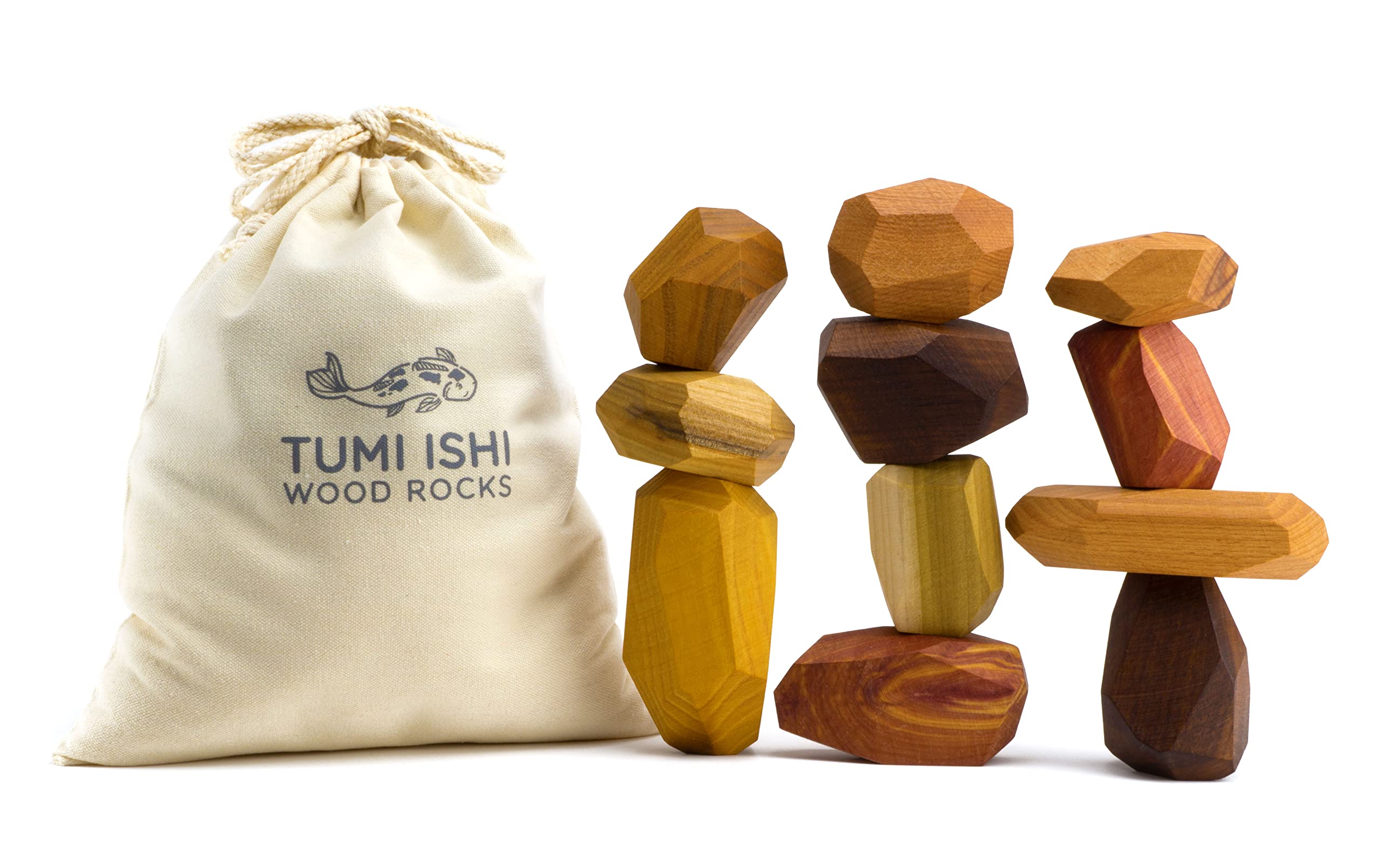 Tumi Ishi 11 Piece Wood Rock Set - Mixed Wood Species - Balancing Blocks - Natural Wood Toy - Organic Jojoba oil and Beeswax Finish - Handmade Wooden Toys - Sensory Toy - USA Made - Personalizable