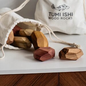 Tumi Ishi 11 Piece Wood Rock Set - Mixed Wood Species - Balancing Blocks - Natural Wood Toy - Organic Jojoba oil and Beeswax Finish - Handmade Wooden Toys - Sensory Toy - USA Made - Personalizable