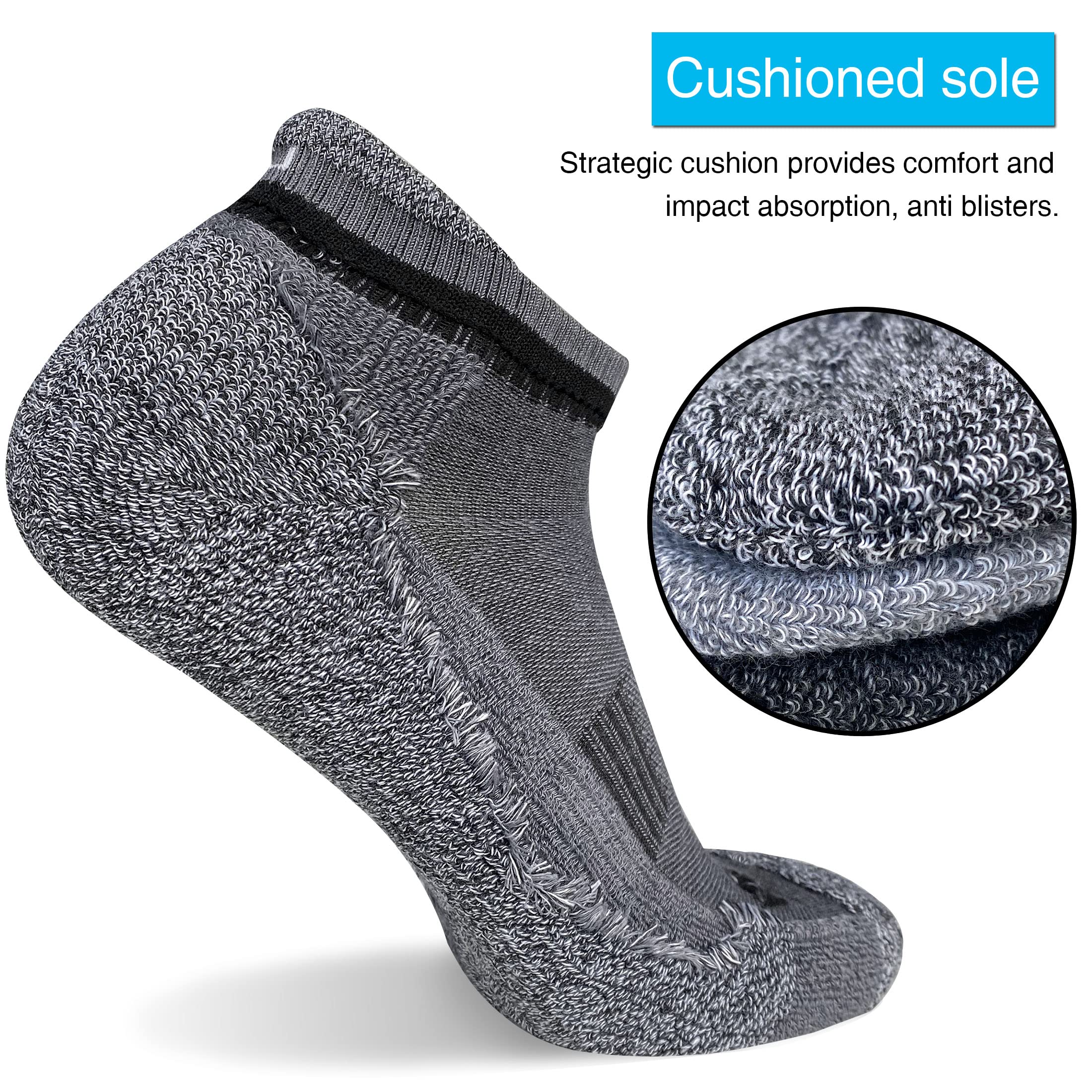 APTYID Men's Performance Cushion Ankle Athletic Running Socks, Dark Gray, Size 9-12, 6 Pairs