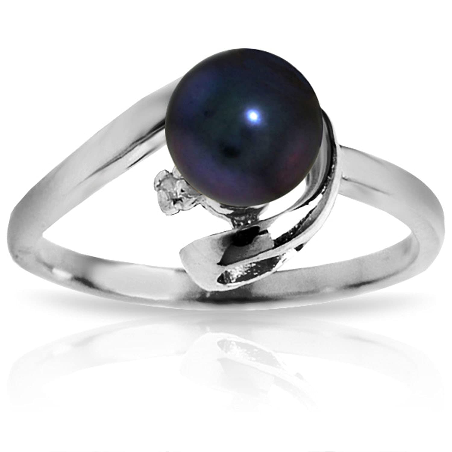 Galaxy Gold GG 14k Solid White Gold Ring with Natural 1.01 Carat Black Pearl and Diamond - Size 7.0