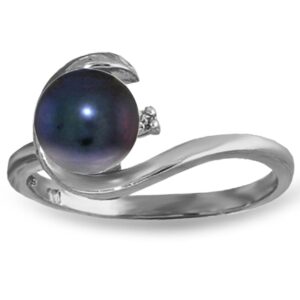 Galaxy Gold GG 14k Solid White Gold Ring with Natural 1.01 Carat Black Pearl and Diamond - Size 7.0