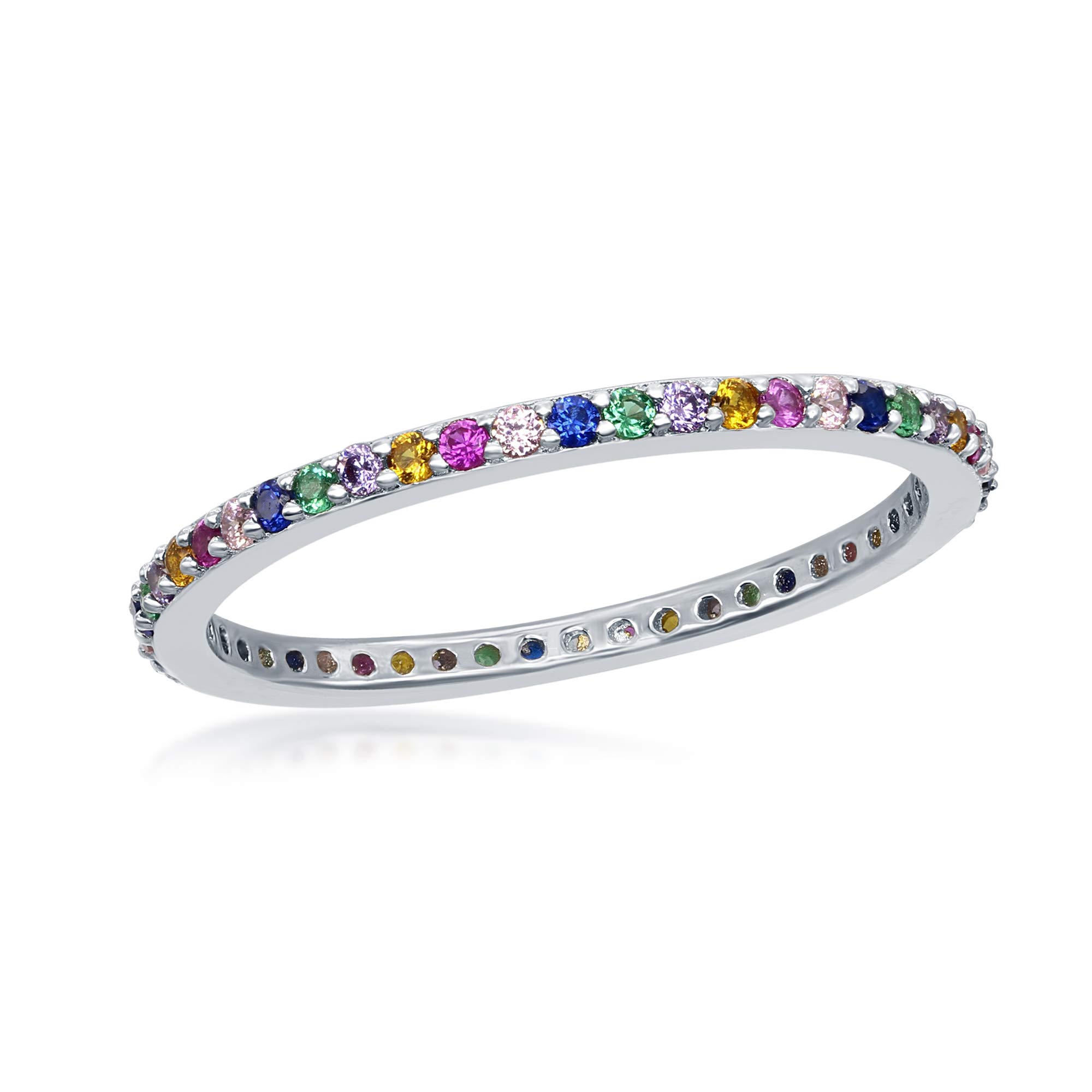 Beaux Bijoux CZ Simulated Rainbow Diamond Eternity Ring for Women | Sterling Silver Band Ring | Cubic Zirconia Created Gemstone Ring | Fine Thin Stacking Ring