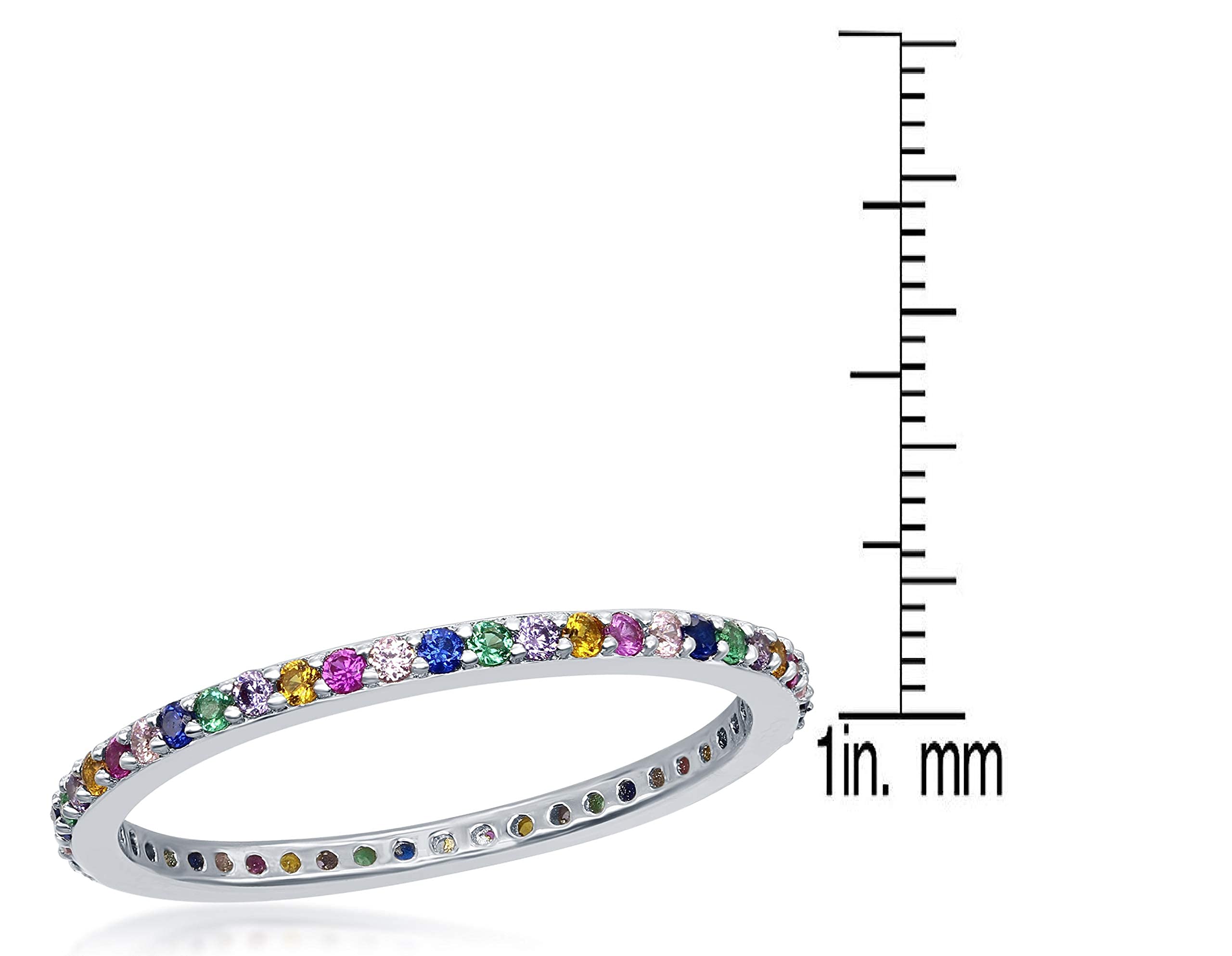 Beaux Bijoux CZ Simulated Rainbow Diamond Eternity Ring for Women | Sterling Silver Band Ring | Cubic Zirconia Created Gemstone Ring | Fine Thin Stacking Ring