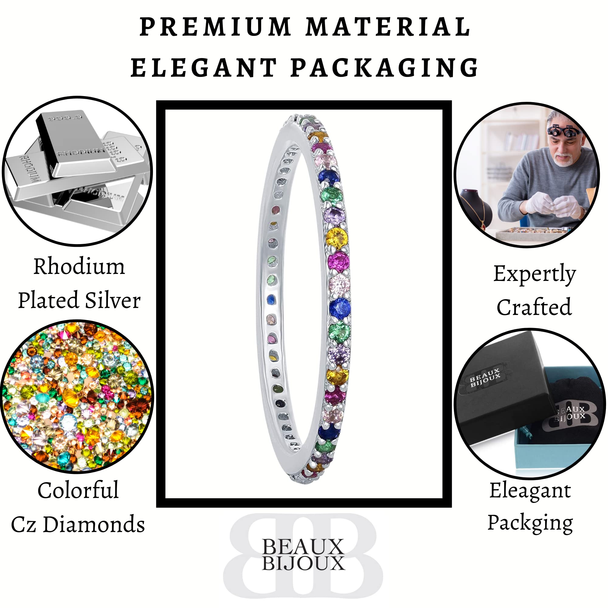 Beaux Bijoux CZ Simulated Rainbow Diamond Eternity Ring for Women | Sterling Silver Band Ring | Cubic Zirconia Created Gemstone Ring | Fine Thin Stacking Ring