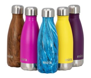 mira 12 oz stainless steel vacuum insulated kids water bottle - double walled cola shape thermos - 24 hours cold, 12 hours hot - reusable metal water bottle - leak-proof sports flask - dynamic blue