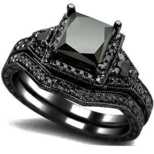 black onyx princess cut anniversary wedding bridal ring set (black, 7)