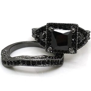 Black Onyx Princess Cut Anniversary Wedding Bridal Ring Set (Black, 7)