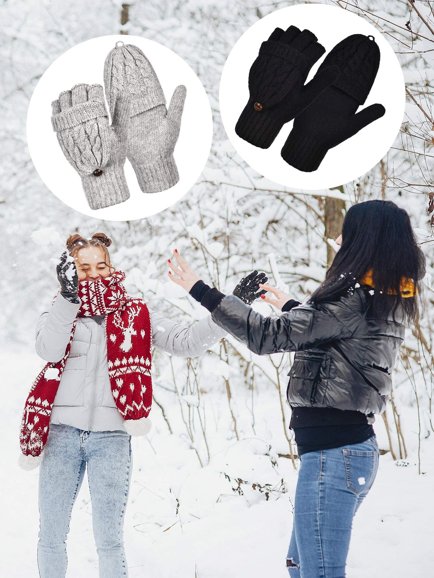 Bememo 2 Pairs Convertible Mittens for Women, Women's Fingerless Gloves with Mitten Cover Winter Knitted Convertible Gloves with Buttoned Thumb Cover