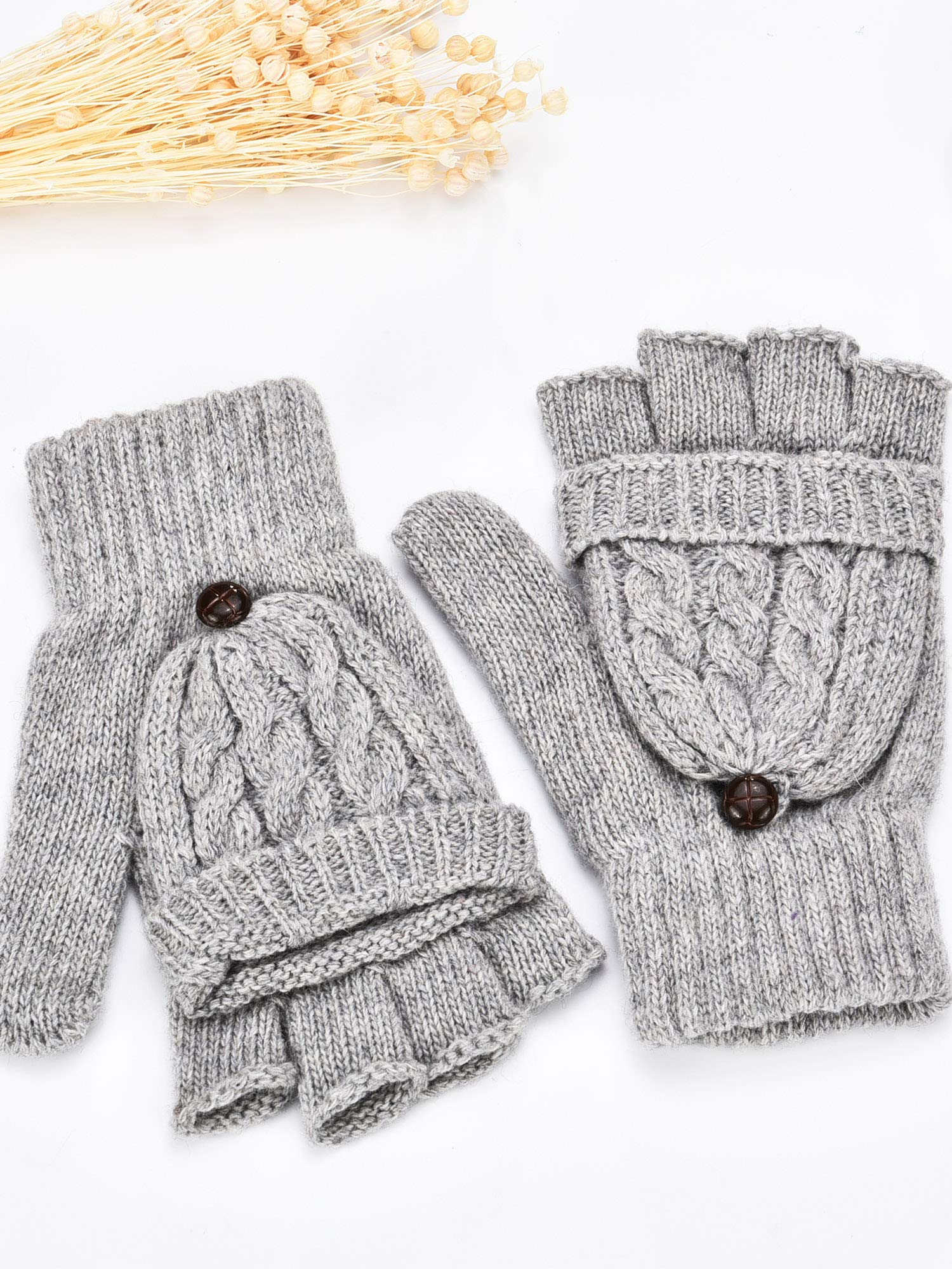 Bememo 2 Pairs Convertible Mittens for Women, Women's Fingerless Gloves with Mitten Cover Winter Knitted Convertible Gloves with Buttoned Thumb Cover