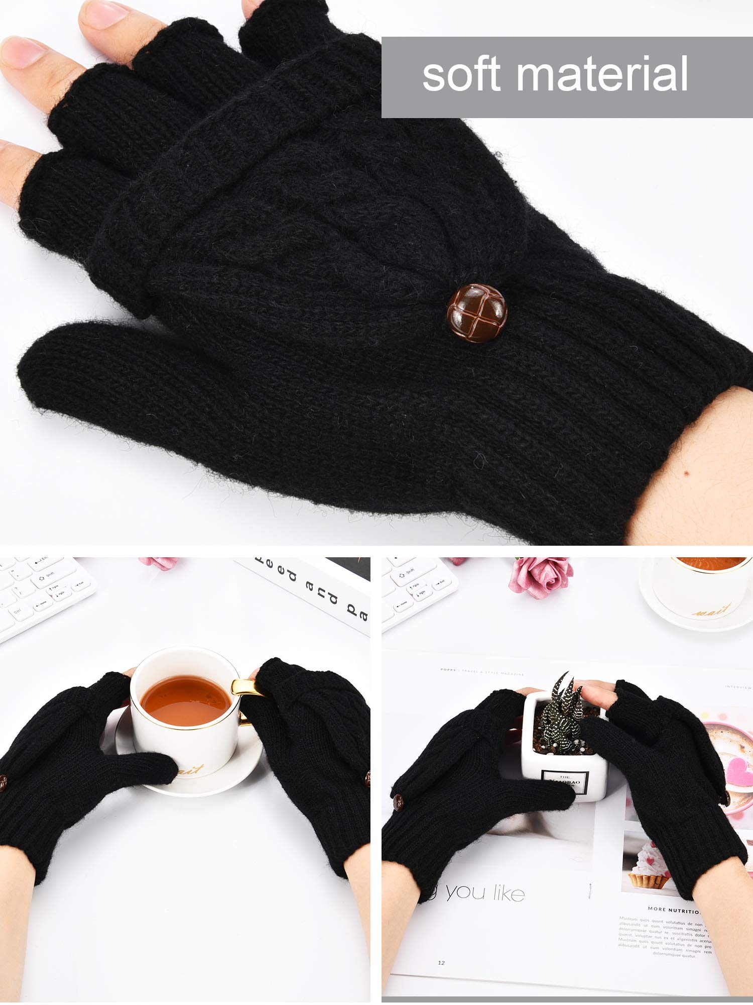 Bememo 2 Pairs Convertible Mittens for Women, Women's Fingerless Gloves with Mitten Cover Winter Knitted Convertible Gloves with Buttoned Thumb Cover