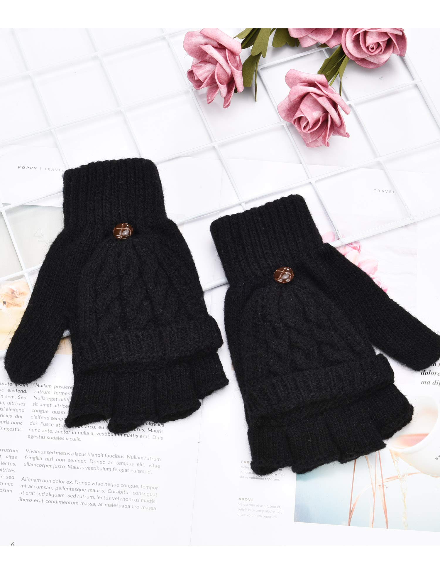 Bememo 2 Pairs Convertible Mittens for Women, Women's Fingerless Gloves with Mitten Cover Winter Knitted Convertible Gloves with Buttoned Thumb Cover