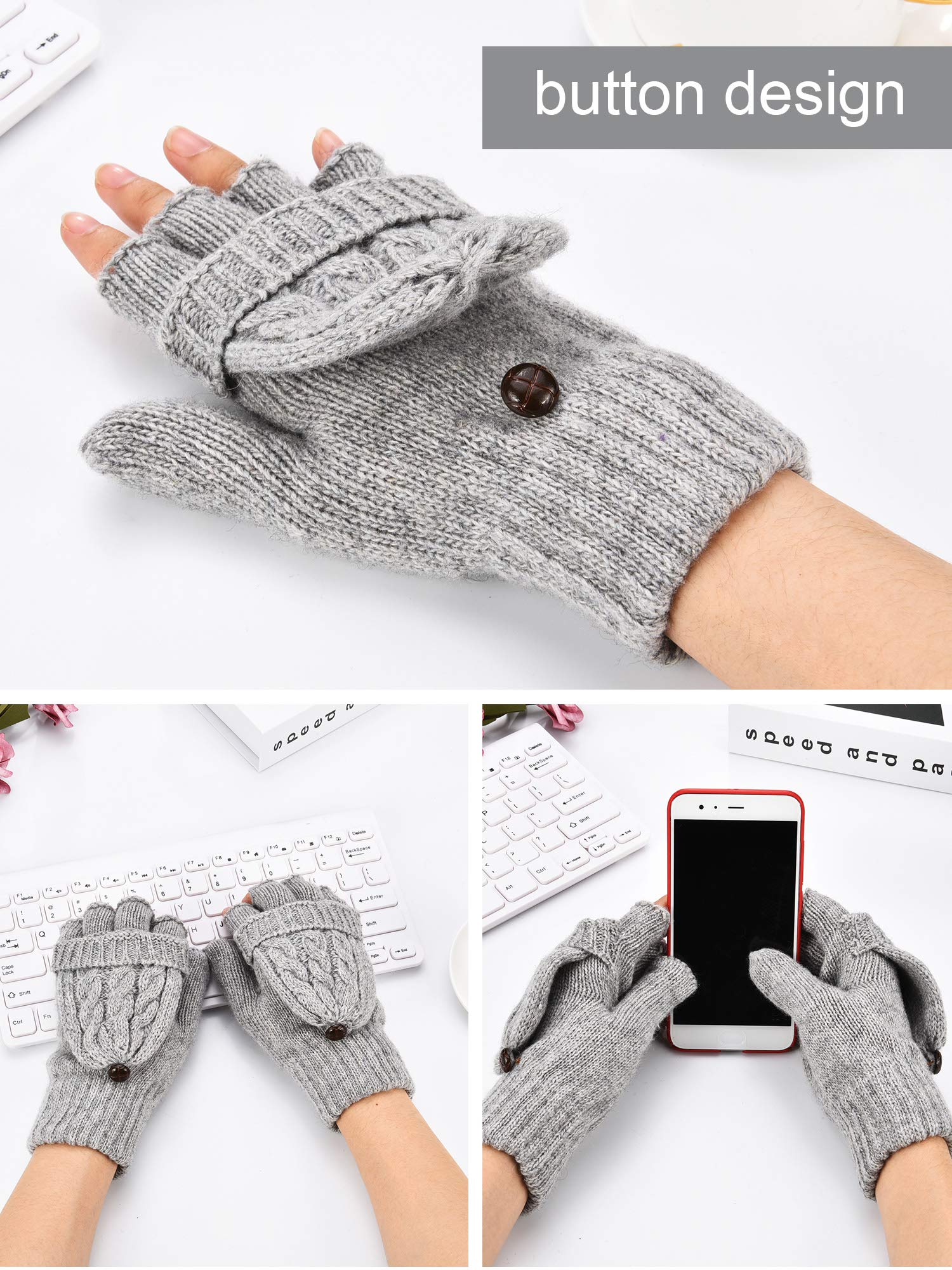 Bememo 2 Pairs Convertible Mittens for Women, Women's Fingerless Gloves with Mitten Cover Winter Knitted Convertible Gloves with Buttoned Thumb Cover