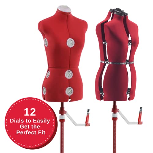 SINGER | Adjustable Red Dress Form, Fits Sizes 4-10, Foam Backing for Pinning, 360 Degree Hem Guide - Sewing Made Easy