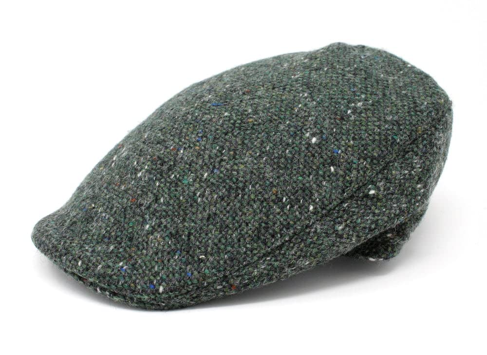 Hanna Hats Traditional Irish Tweed Wool Donegal Touring Cap - Dark Green Fleck Salt & Pepper. Unisex Flat Style Ivy Hat. Sewn Down Peak and Taffeta Lining. 100% Made in Ireland Medium 58-59cm.