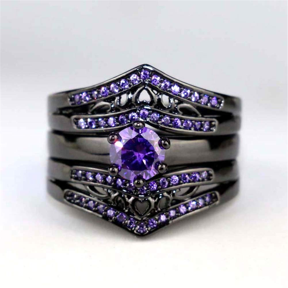 Two Rings His Hers Wedding Ring Sets Couples Matching Rings Women's 2pc Black Gold Filled Amethyst CZ Wedding Engagement Ring Bridal Sets Men's Titanium Wedding Band