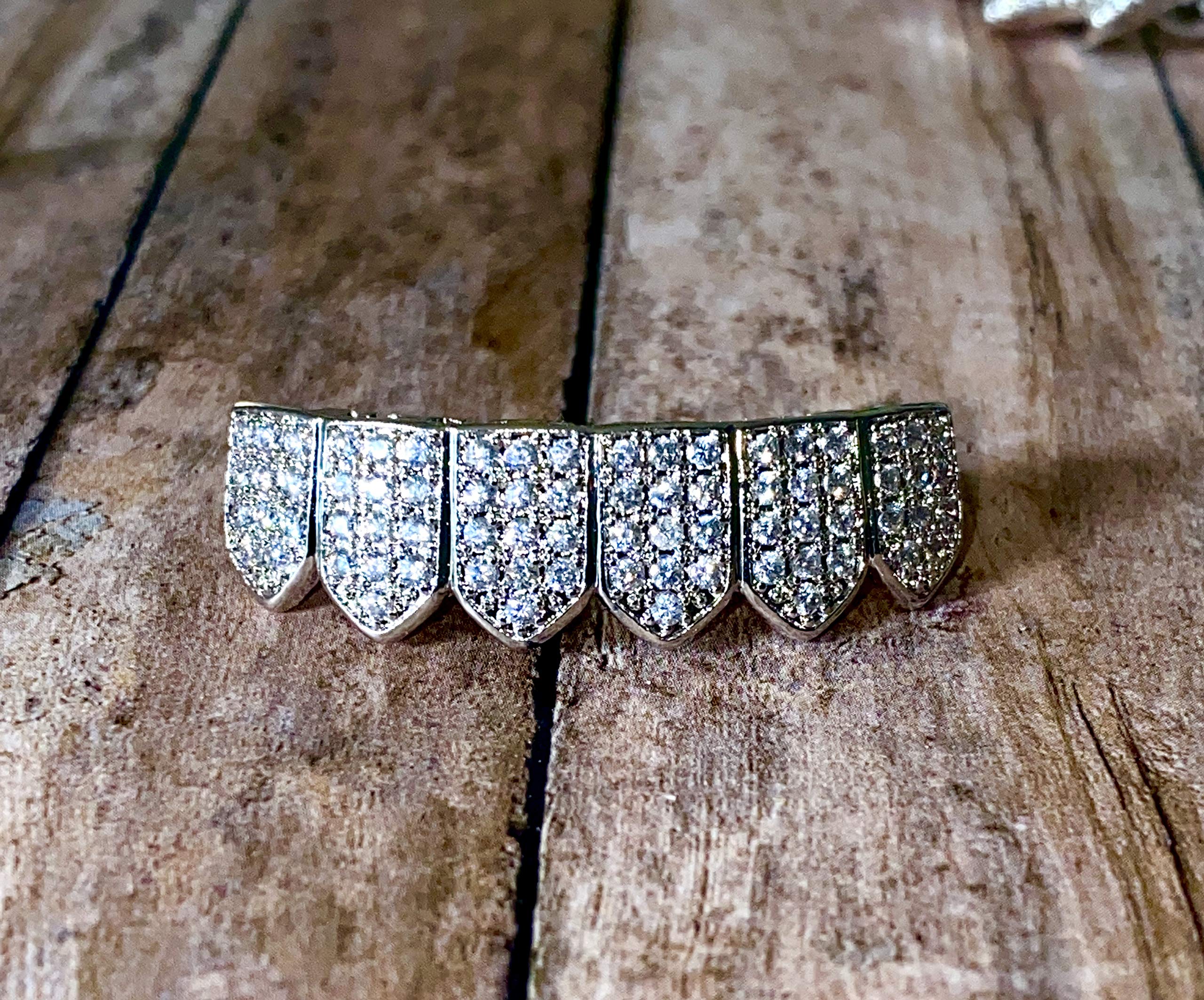 18K White Gold Plated CZ Cluster Custom Slugs Top Bottom Grillz Mouth Teeth Grills Set - Grillz, Teeth Cap, Iced Out Grillz (Silver Top & Bottom Set)