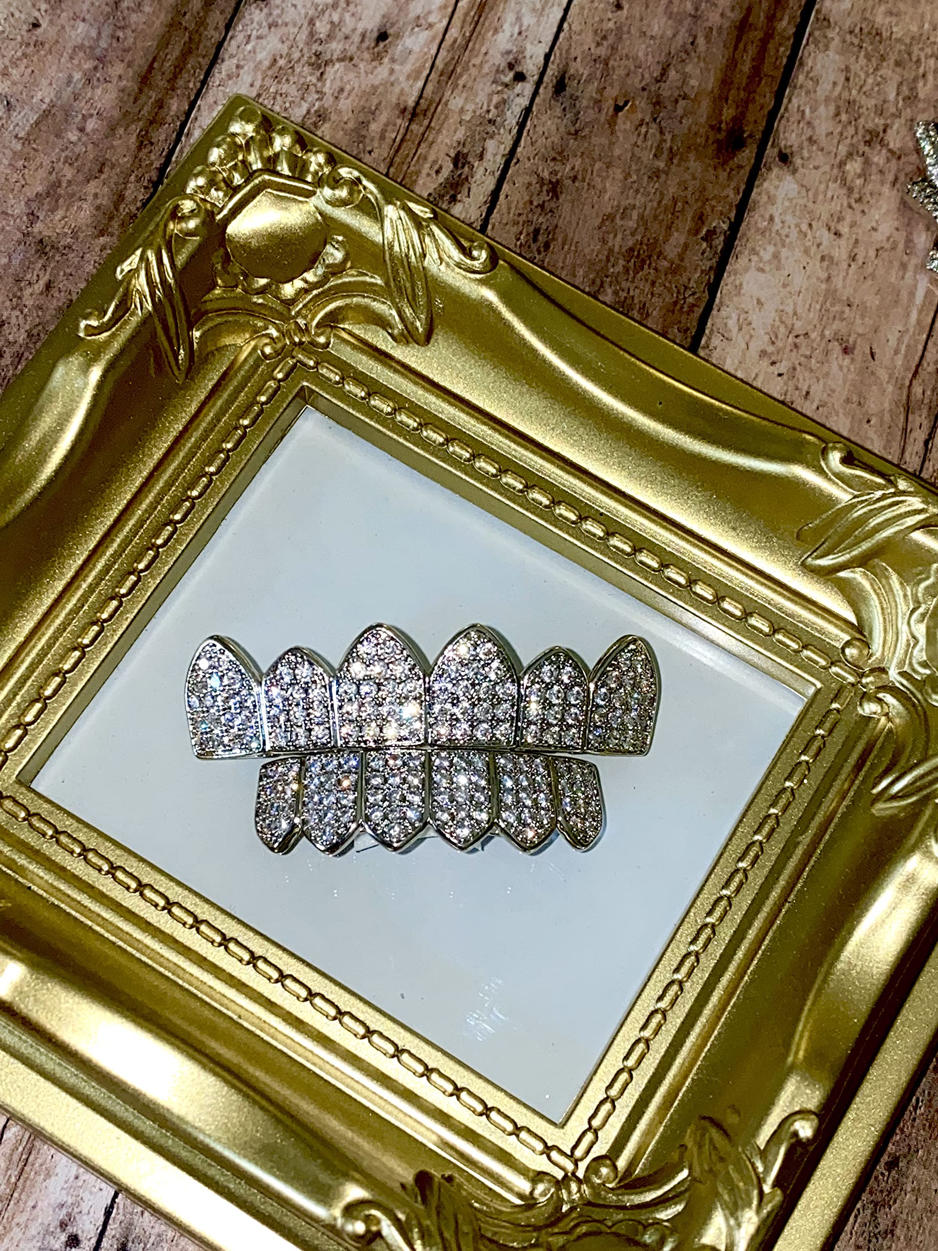 18K White Gold Plated CZ Cluster Custom Slugs Top Bottom Grillz Mouth Teeth Grills Set - Grillz, Teeth Cap, Iced Out Grillz (Silver Top & Bottom Set)