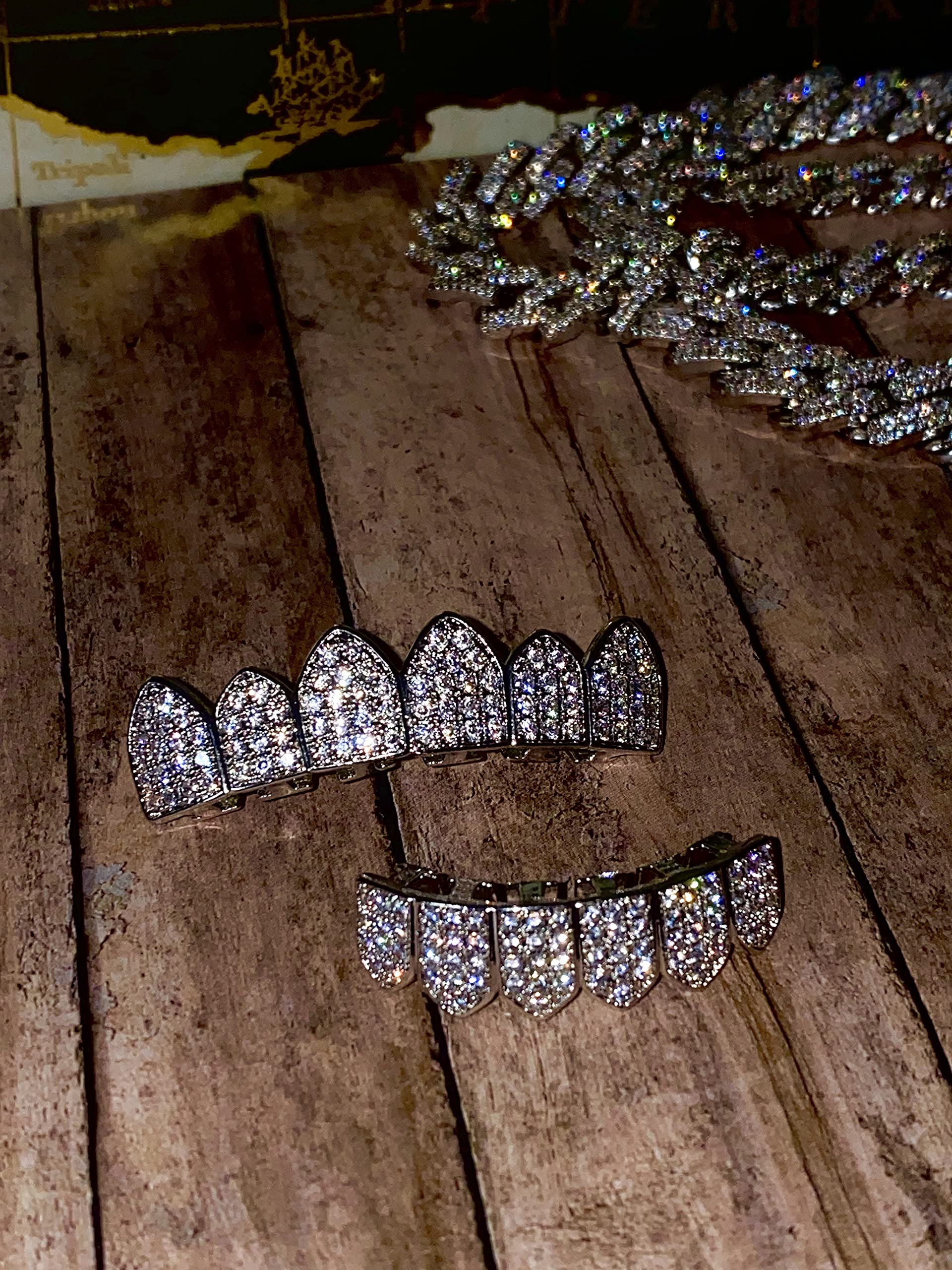 18K White Gold Plated CZ Cluster Custom Slugs Top Bottom Grillz Mouth Teeth Grills Set - Grillz, Teeth Cap, Iced Out Grillz (Silver Top & Bottom Set)