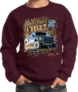 buy cool shirts ford f-150 hit the dirt youth kids sweatshirt, maroon small