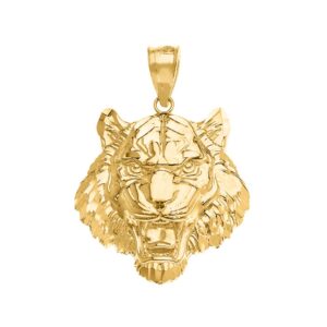 fine 14k yellow gold roaring tiger head animal necklace pendant, 1.31"