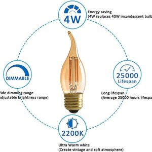 PANLAVIE LED Filament Chandelier Bulb 4W, Vintage Classic Edison Style, E26 Standard Base Amber Glass Light Bulbs, Gold Tint Flame Tip, 40W Equivalent, Ultra Warm White 2200K, Pack of 6