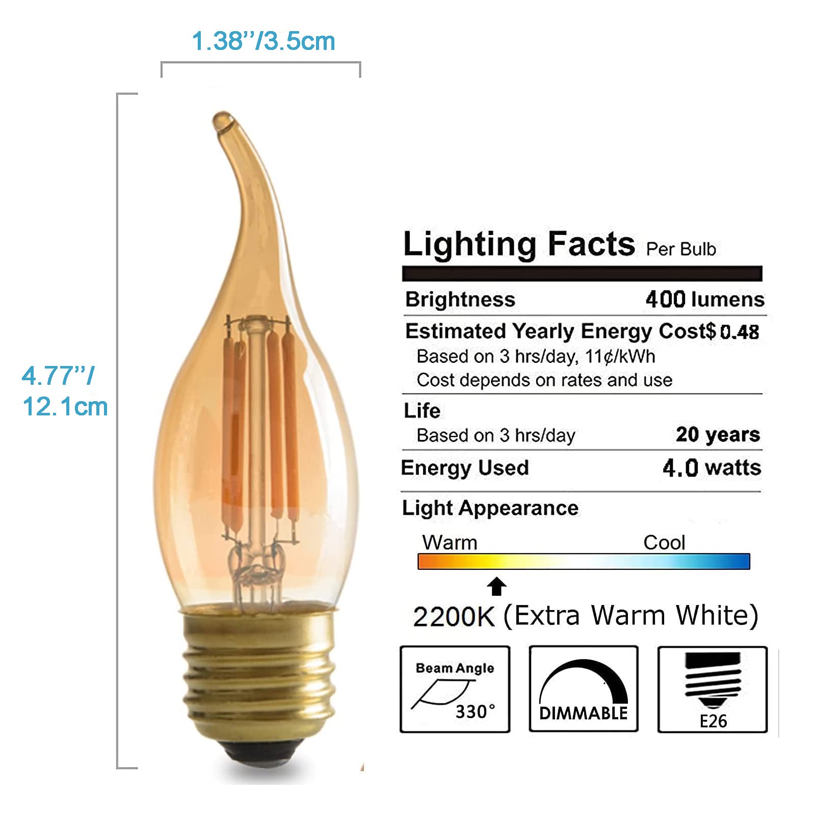 PANLAVIE LED Filament Chandelier Bulb 4W, Vintage Classic Edison Style, E26 Standard Base Amber Glass Light Bulbs, Gold Tint Flame Tip, 40W Equivalent, Ultra Warm White 2200K, Pack of 6