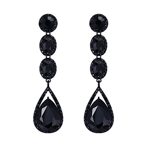 Flyonce Wedding Bridal Rhinestone Crystal Multi Teardrop Pierced Dangle Earrings Black Black-Tone