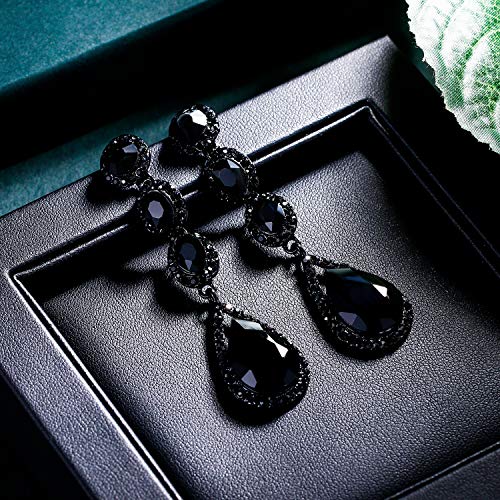 Flyonce Wedding Bridal Rhinestone Crystal Multi Teardrop Pierced Dangle Earrings Black Black-Tone