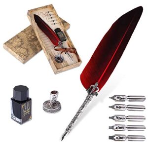 vabneer feather quill pen retro feather pen premium metal nibbed pen writing quill fit for self-use,executive gift and antique desk decor (bright red)