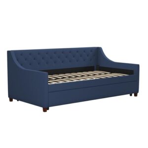 Novogratz Her Majesty Upholstered Daybed with Trundle, Twin Size Frame, Blue Linen