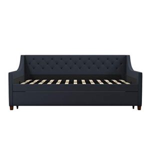 Novogratz Her Majesty Upholstered Daybed with Trundle, Twin Size Frame, Blue Linen