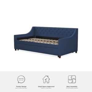 Novogratz Her Majesty Upholstered Daybed with Trundle, Twin Size Frame, Blue Linen