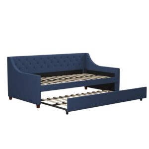 Novogratz Her Majesty Upholstered Daybed with Trundle, Twin Size Frame, Blue Linen