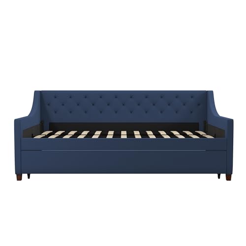 Novogratz Her Majesty Upholstered Daybed with Trundle, Twin Size Frame, Blue Linen