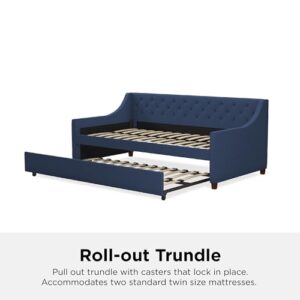 Novogratz Her Majesty Upholstered Daybed with Trundle, Twin Size Frame, Blue Linen