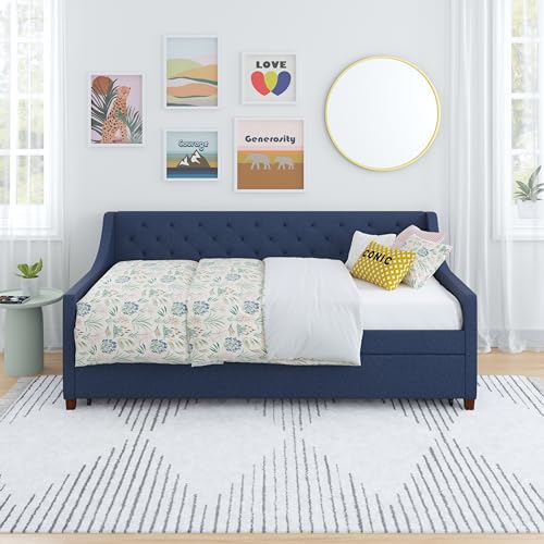 Novogratz Her Majesty Upholstered Daybed with Trundle, Twin Size Frame, Blue Linen