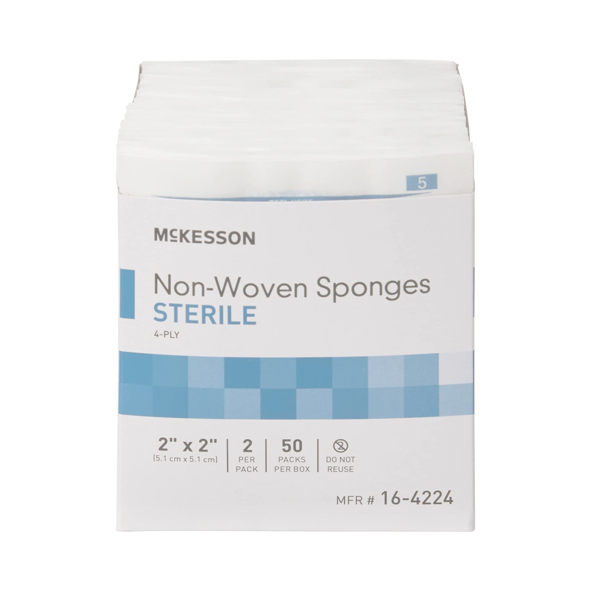 McKesson Non-Woven Sponges, Sterile, 4-Ply, Polyester/Rayon, 2 in x 2 in, 2 per Pack, 50 Packs, 100 Total