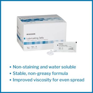 mckesson lubricating jelly - water based non-sticky, non-greasy lubricant gel - sterile, water soluble, medical grade - individual packets, 5 g, 144 count, 1 pack