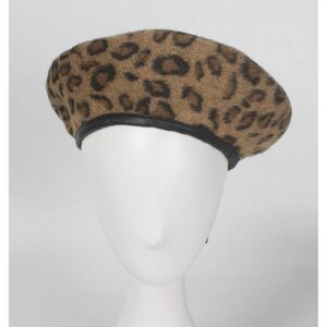 Jewelry-Box Fashion Lady Leopard Print Beret Hat Wool Warm Plain Beanie Hat Cap, Brown