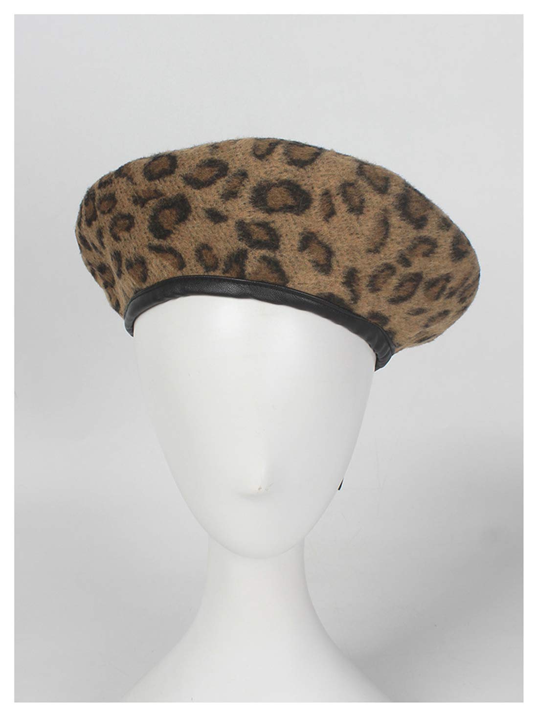 Jewelry-Box Fashion Lady Leopard Print Beret Hat Wool Warm Plain Beanie Hat Cap, Brown