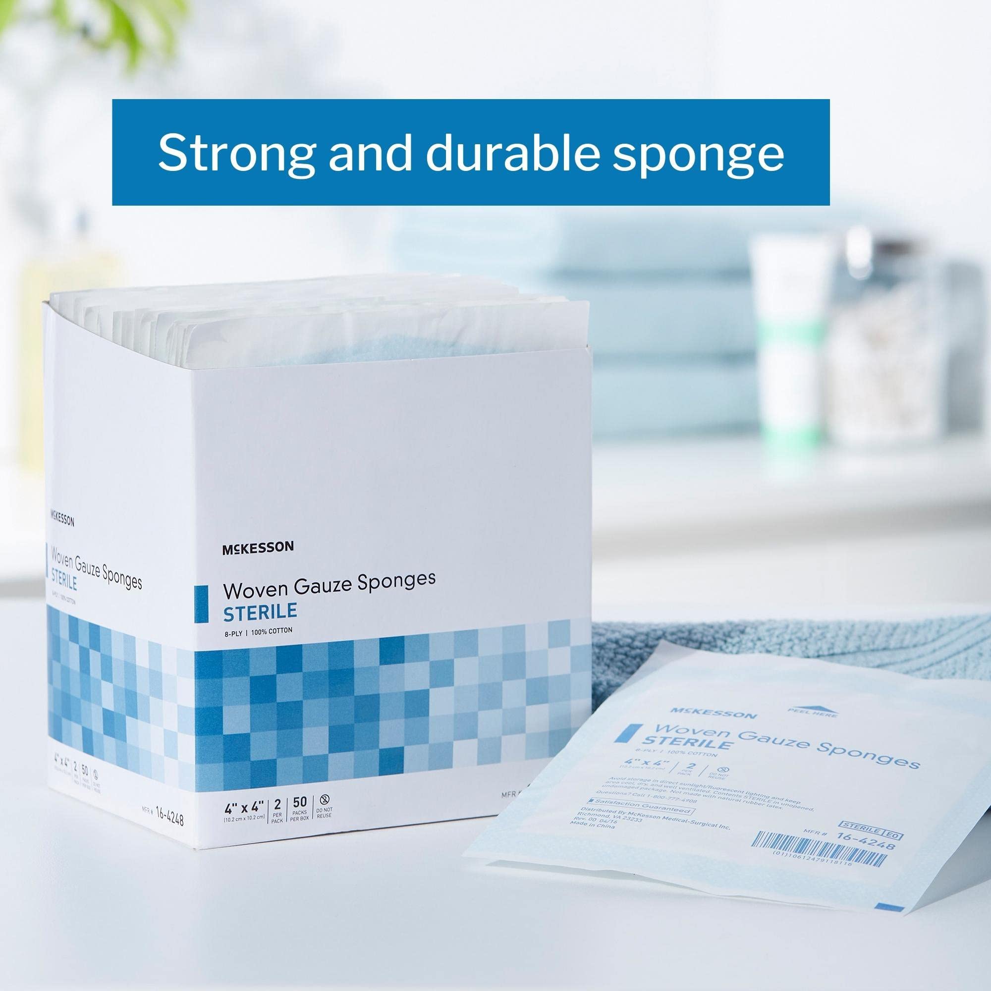 McKesson Woven Gauze Sponges, Sterile, 8-Ply, 100% Cotton, 4 in x 4 in, 2 per Pack, 50 Packs, 100 Total