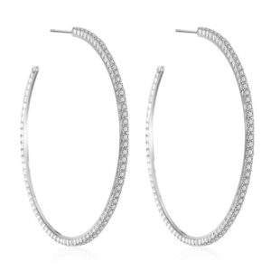 925 sterling silver 18k white gold plated open c hoops earrings 2", crystal rhinestone earring for women