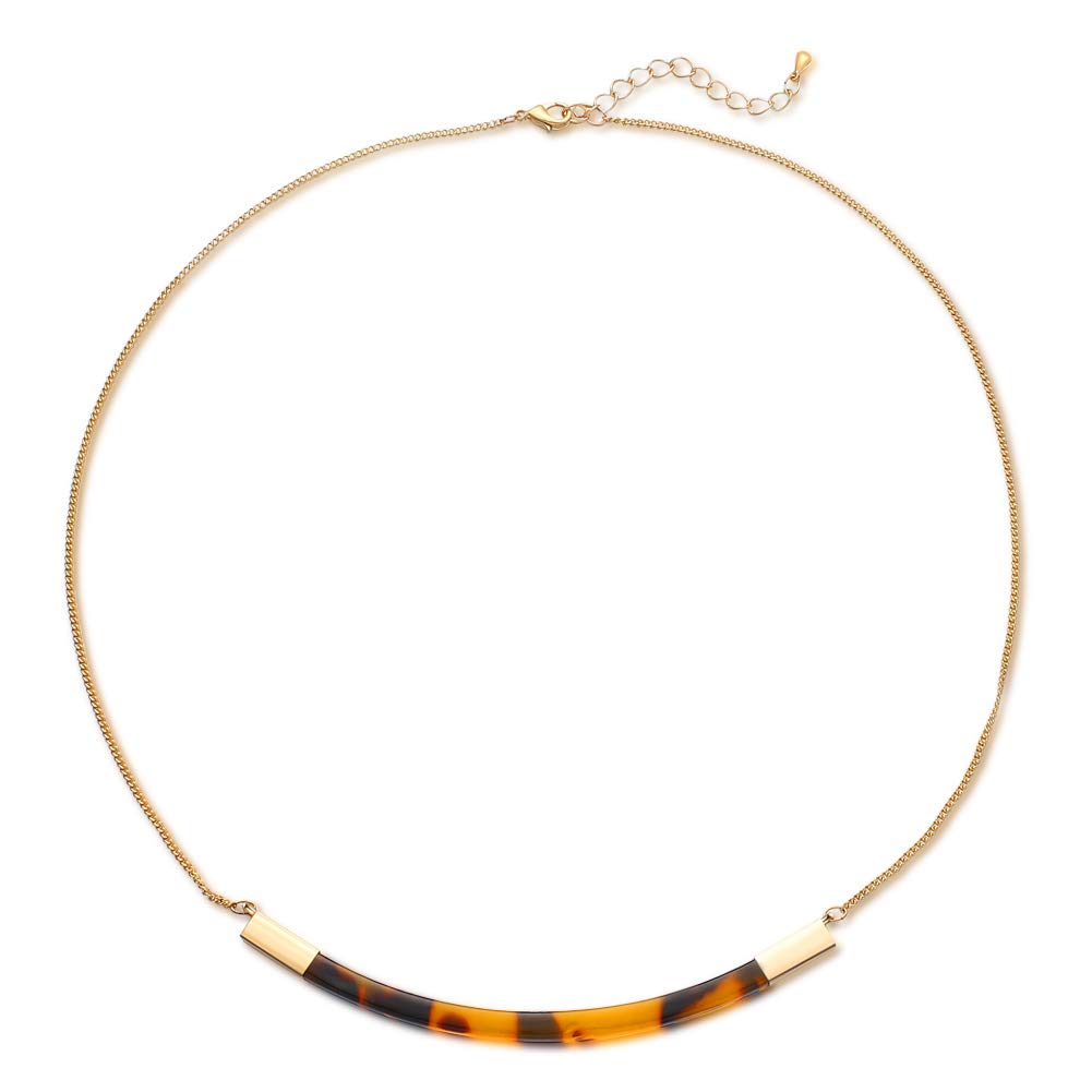 Tortoise Shell Collar Necklace, Tortoise Resin Curved Bar Pendant Thin Chain Necklace 17" for Women Lover Gift, Gold